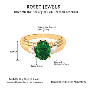 Rosec Jewels Certified Created Emerald Solitaire Engagement Ring| 7X9 MM Oval| AAAA Quality, 14K Yellow Gold, Size:US 6.00