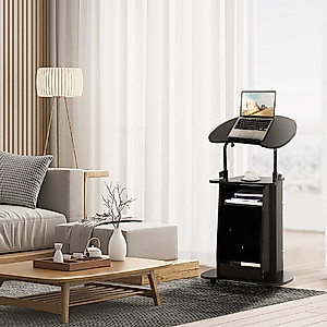bimiti Mobile Lectern Podium Stand Height Adjustable Sit-to-Stand Desk with Tilting Desktop & Storage Cabinet Rolling Lectern Cart Laptop Desk on Wheels, Podium Stand for Classroom Church Home Office
