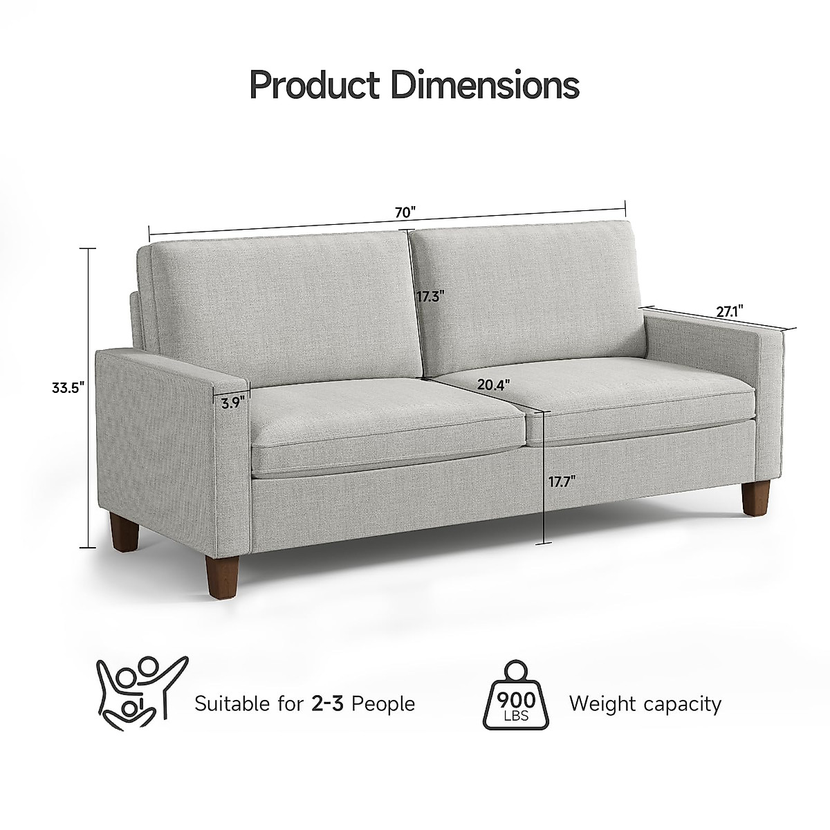 ONBRILL 70" Grey Couch, Small Loveseat Sofa, Linen Fabric Love Seat with Pocket Springs Seat Cushion, Square Armrest, 2 Seats Modern Sofas for Small Spaces, Living Room, Bedroom, Apartment, Office