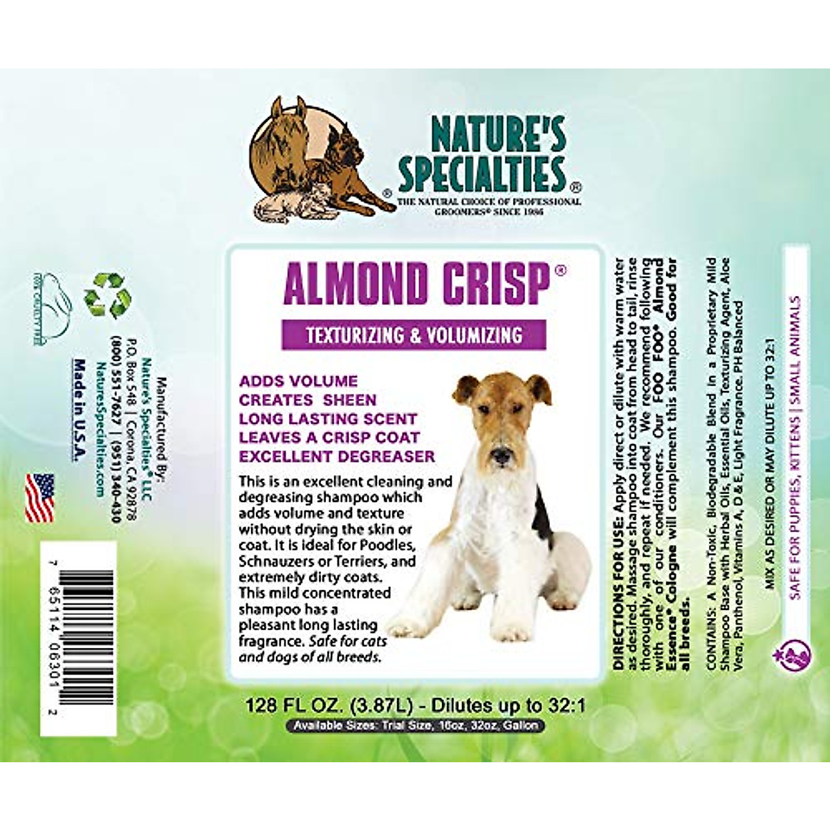 Nature's Specialties Almond Crisp Ultra Concentrated Dog Shampoo for Pets, Makes up to 8 Gallons, Natural Choice for Professional Groomers, Texturizing and Volumizing, Made in USA, 32 oz
