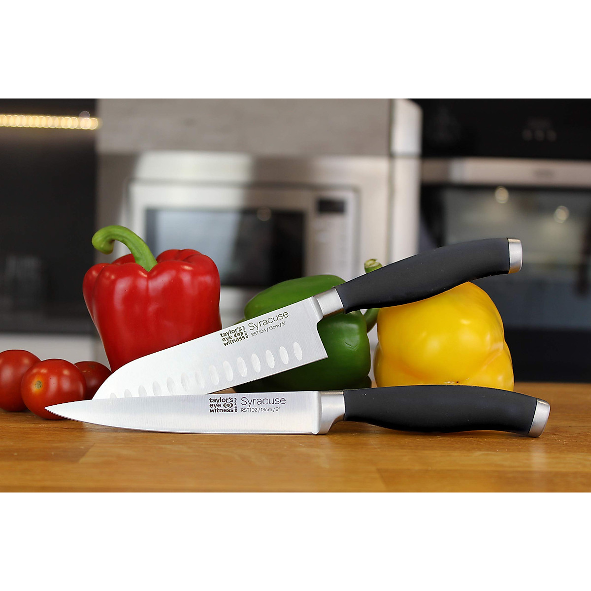 Taylors Eye Witness Syracuse Asian Kitchen Knife Set - Chefs Santoku 13cm/5” & Cooks All Purpose 13cm/5” Cutting Edge, Multi Use. Ultra Fine, Razor Sharp Blade. Soft Textured Grip Matte Black Handle.
