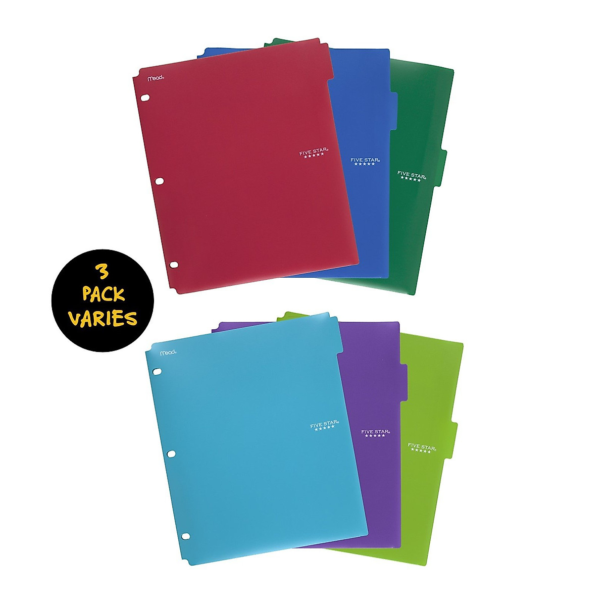 Five Star Binder Dividers, 2 Pocket, 3 Tabs, Color Selected For You, 3 Pack (20042)