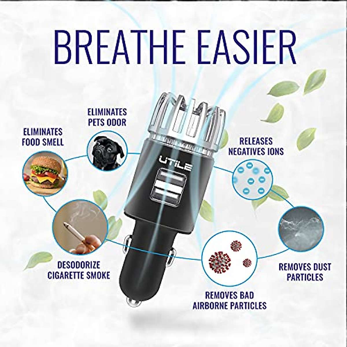 UTILE Car Ionizer Purifier with Dual USB Charger – Ionic Air Freshener for Odor Removal | 2.1A/0.8W USB Charging for Phone, Tablet and Other Devices (Black, Pack of 1)