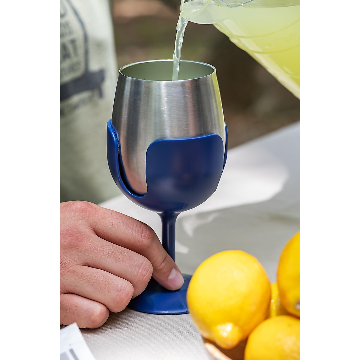 Camco Life is Better at The Campsite Wine Tumbler | Heavy Duty Double Wall Vacuum Insulation | Crafted of 18/8 Stainless Steel | Features Removable Navy & Peach Stems | 2-Pk, 8-oz/Each (51917)