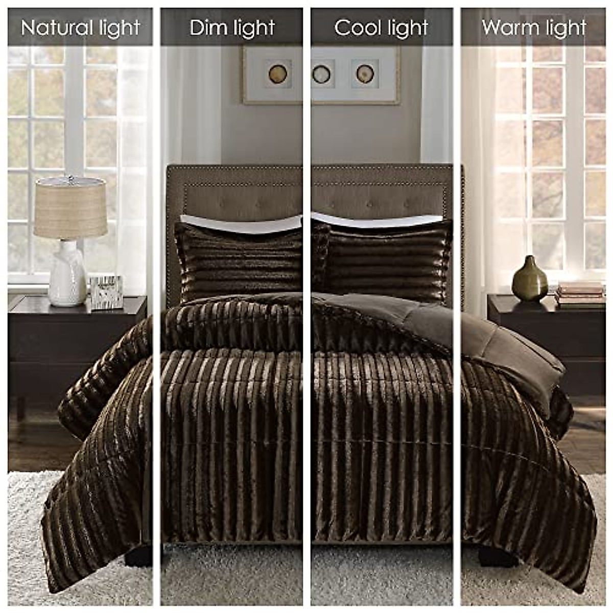 Madison Park Duke Luxe Faux Fur Reversible Comforter Set, Soft Plush Reverse, Modern Down Alternative Filling Cozy Bedding, Box Quilted Warm Cover, Matching Shams, Full/Queen, Chocolate 3 Piece