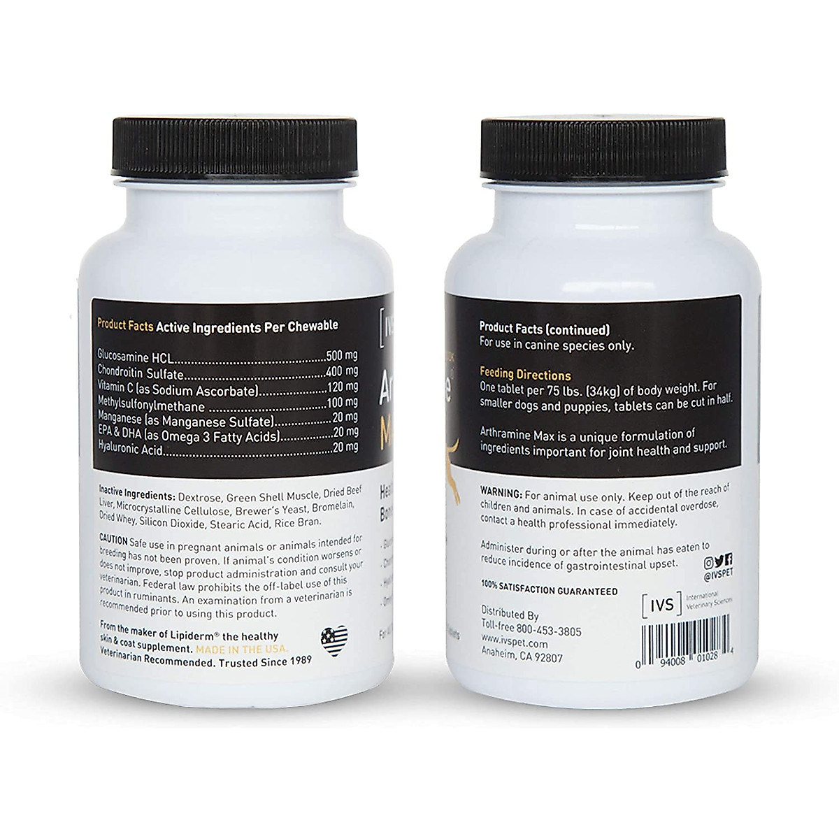 International Veterinary Sciences IVS Arthramine MAX Healthy Joints Glucosamine Supplement for Dogs with Fish Oil, Hyaluronic Acid, MSM, and Vitamin C, Made in the USA, 60 Count