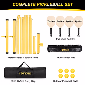 TYRSEN Pickleball Set with Net, 22FT USAPA Regular Size Portable Pickleball Net System for Driveway Backyard, 4 Paddles & 6 Balls, Strong PE Net and Steady Steel Frames for Indoor Outdoor