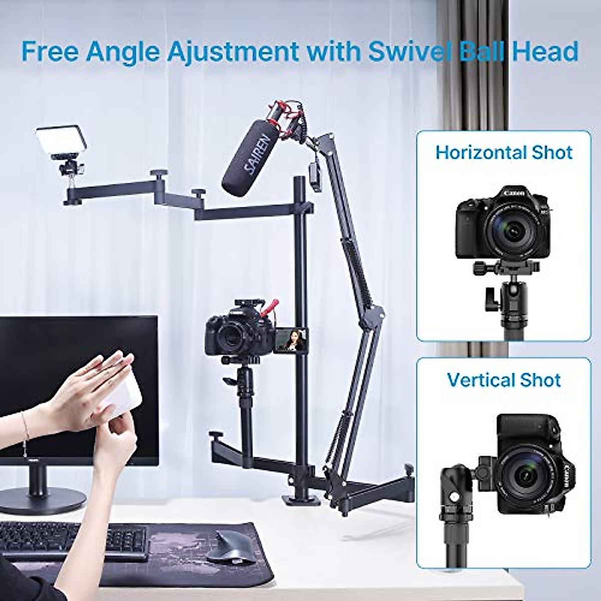 PICTRON Live Broadcast Boom Arm, ULANZI Flexible Desk Mount Camera Arm Clamp Webcam Stand, Microphone Boom Arm for Blue Yeti Snowball Yeti Nano, Webcam, Camera, LED Light, Voice Recording, Podcasting