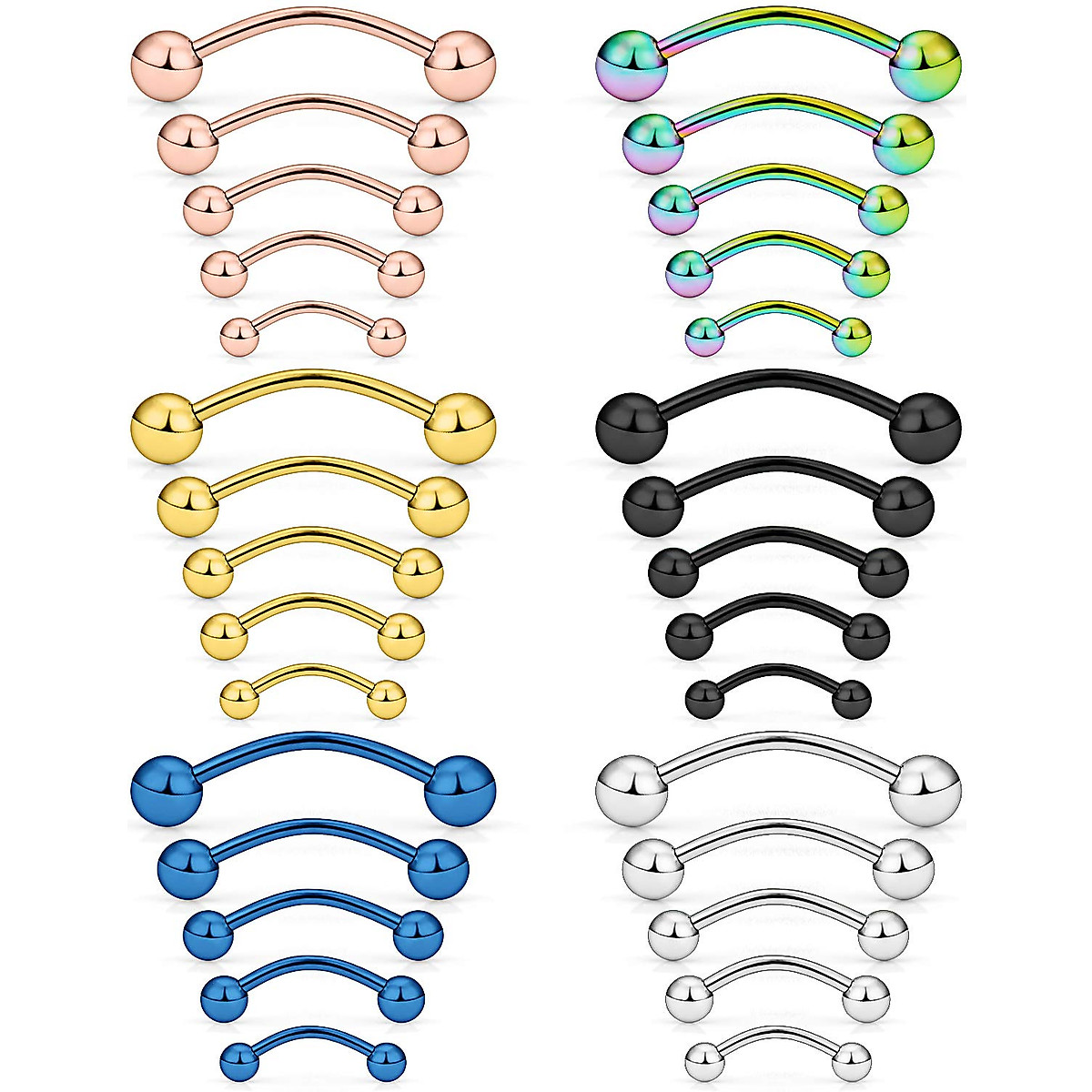 Ftovosyo 36Pcs 12G Surgical Steel Eyebrow Rings Rook Earring Daith Tragus Ear Navel Belly Ring Snake Eyes Tongue Ring Body Piercing Jewelry for Women Men 6mm 8mm 10mm 12mm Silver Black Rose Gold