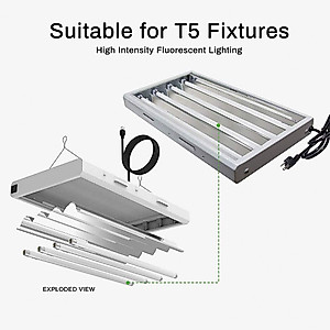 F54T5/865/HO Fluorescent Tube Light Bulb, 46 Inch, 54W, 6500K Daylight, 4200 Lumens, High Output, G5 Bi-Pin Base, 4FT T5 Grow Light Bulbs - 5 Pack