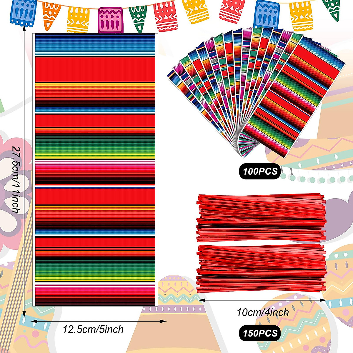 Wesnoy 100 Pcs Mexican Fiesta Cellophane Treat Bags Mexican Candy Bags Party Favor Bag Cinco De Mayo Goody Bag Fiesta Party Favor Goodie Gift Bag for Mexican Party Birthday, with 150 Red Twist Ties
