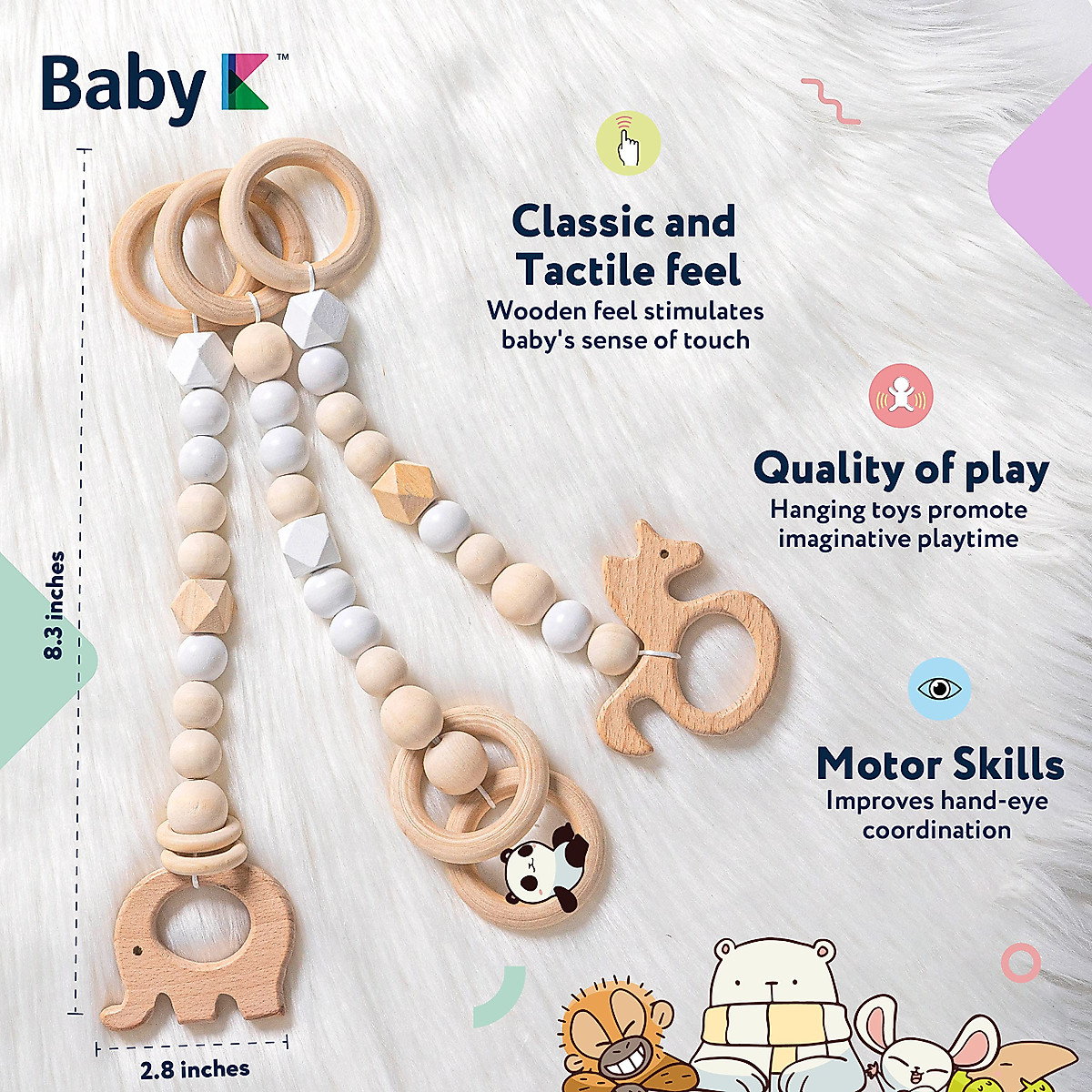 BABY K Wooden Baby Play Gym (with 7 Toys) - Foldable Wooden Play Gym with Wooden and Monochrome Hanging Toys for Baby Gym - Natural Wooden Surface - Cloth Cards & Mirror Toys for Activity Gym