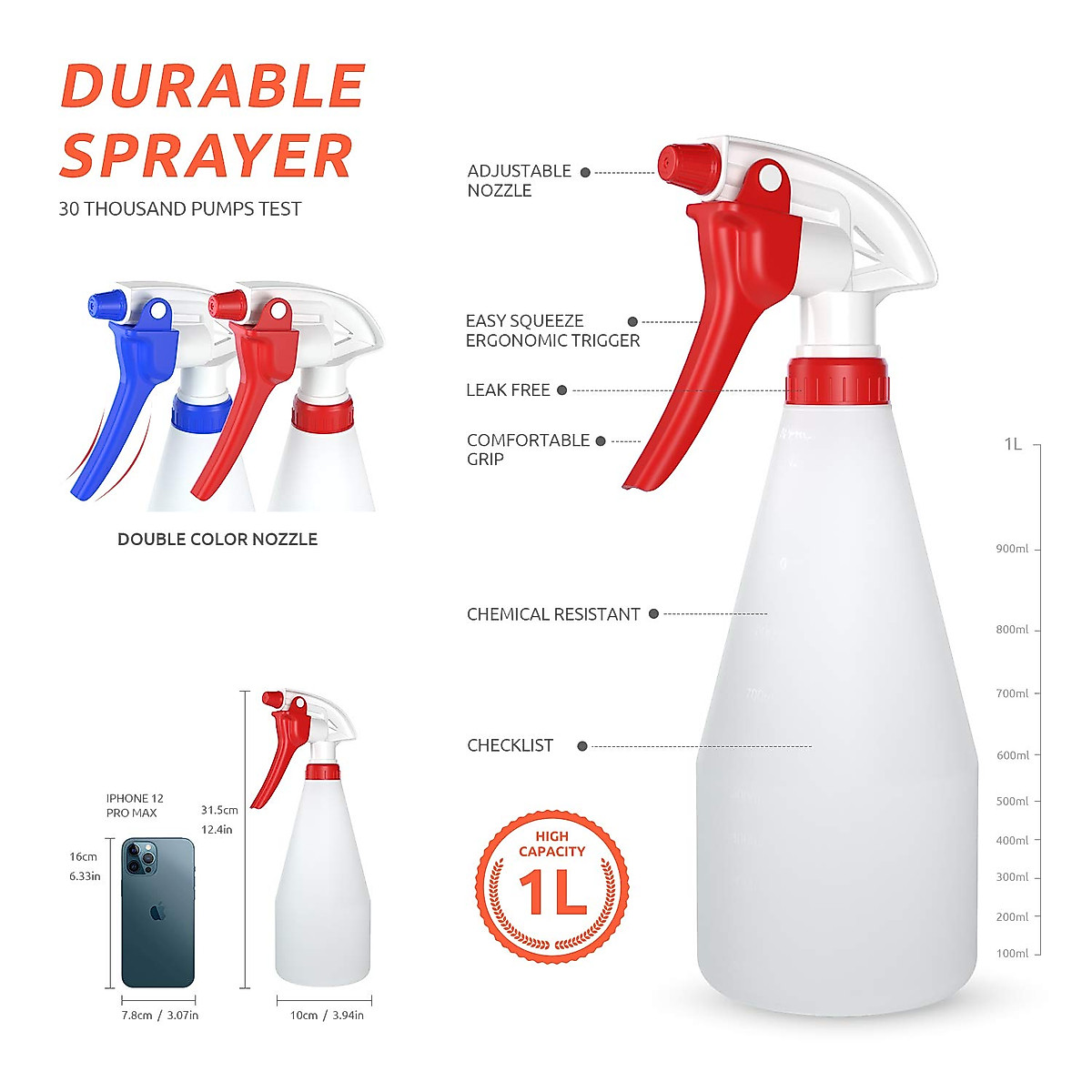 Faimikit 32oz Plastic Spray Bottles, Empty and Reusable for Cleaning Solutions, Water, Auto Detailing, or Bathroom and Kitchen, Commercial and Residential, 4 Pack (Red/Blue)