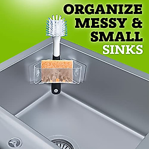 The Crown Choice Kitchen Sponge and Brush Holder – Space Saving Corner Sink Caddy - Sponge Holder Plastic, Adhesive, Rust Proof and Water Proof – Kitchen Holder Sponges, Scrubbers, Soap