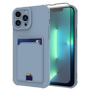 MZELQ Silicone Wallet iPhone 13 Pro Case, Card Holder Camera Protection Cover for iPhone 13 Pro + Screen Protector, Push Card Slot Case Phone Case Four Corners Protection -Purple