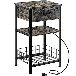 smusei Nightstand with Charging Station Night Stand with Fabric Drawer End Tables with USB Ports and Outlets Living Room Bed Side Table for Small Spaces, Dark Grey