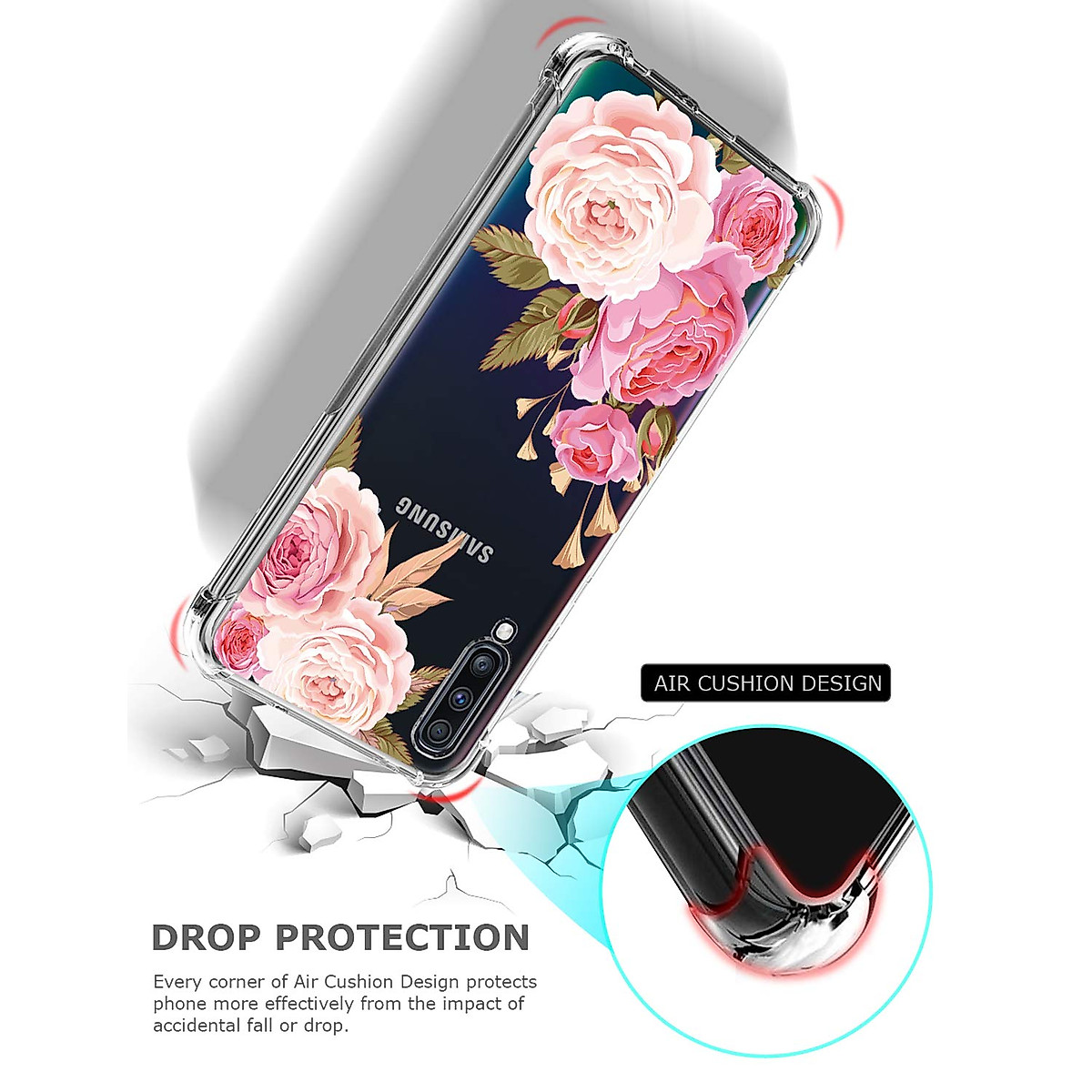 GREATRULY Floral Clear Case for Galaxy A70 for Women Girls,Pretty Phone Case for Samsung Galaxy A70 (2019),Flower Design Transparent Slim Soft Drop Proof TPU Bumper Cushion Silicone Cover Shell,FL-K