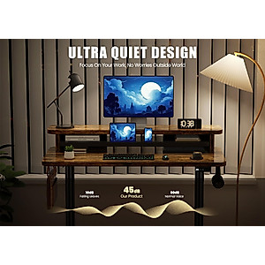 Flycity Electric Standing Desk with Dual Monitor Stand, Height Adjustable Desk Sit Stand Desk with Memory Controller, Casters & 2 Hooks, Low Noise Home Office Desk (Rustic Brown, 48" x 24")