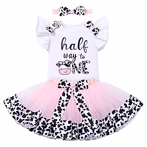 Baby Girl Cow 1/2 Birthday Outfit Farm Animal Fancy Dress up Flutter Sleeve Romper Tutu Skirt Headband Bowknot Tutu Dress 3PCS Clothes Set for Cake Smash Photo Prop Pink Cow - Half Way to One 6 Months