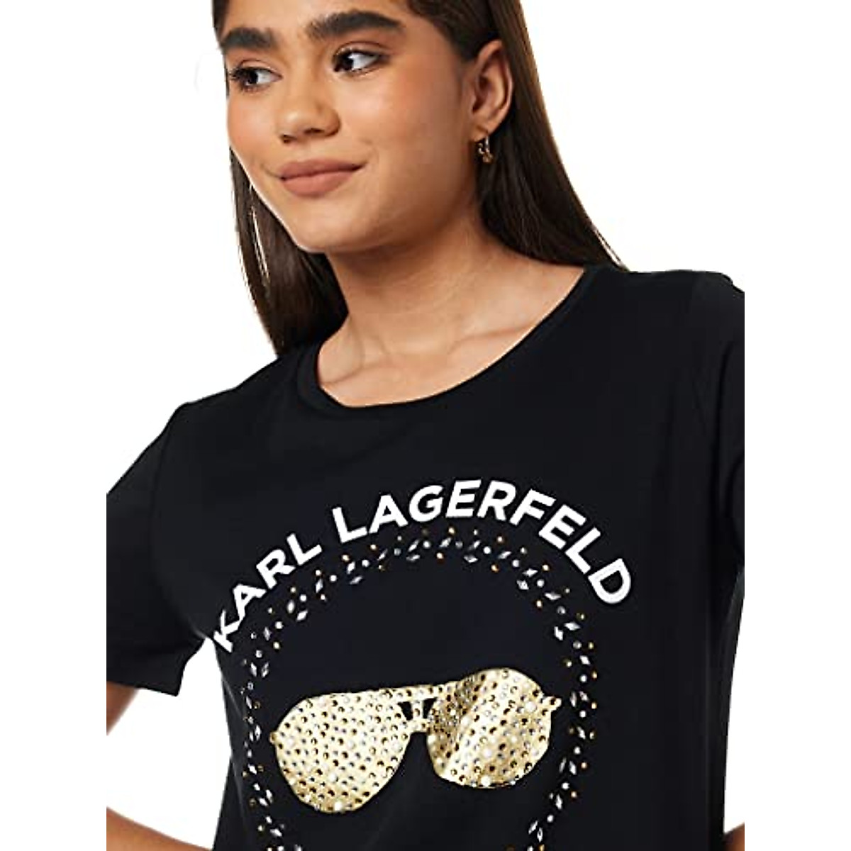 Karl Lagerfeld Paris womens Short Sleeve Sequin Sunglass Tee T Shirt, Sequin Sunglass Black, Medium US