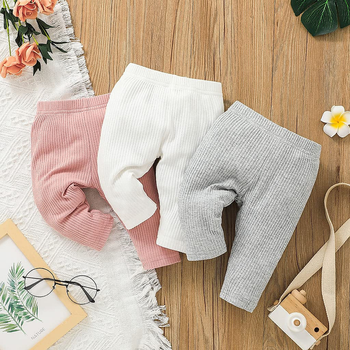 Lala Bear Infant Baby Girl 3 Pack Solid Pants and Casual Leggings Pink & White & Grey 0-3 Months