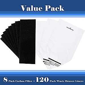 120 Pack Waste Drawer Liners Compatible with All Litter Box Robot Models, 9-11 Gallons Litter Box Liners, Plus 8 Pack Activated Charcoal Filters