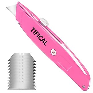 TIFICAL Box Cutter Retractable, Premium Utility Knife with Extra 10 Blades, Auto-Lock Razor Knife for Cartons, Cardboard, Boxes, Aluminum Shell Box Opener Box Cutter Knife for Home, Office, Pink