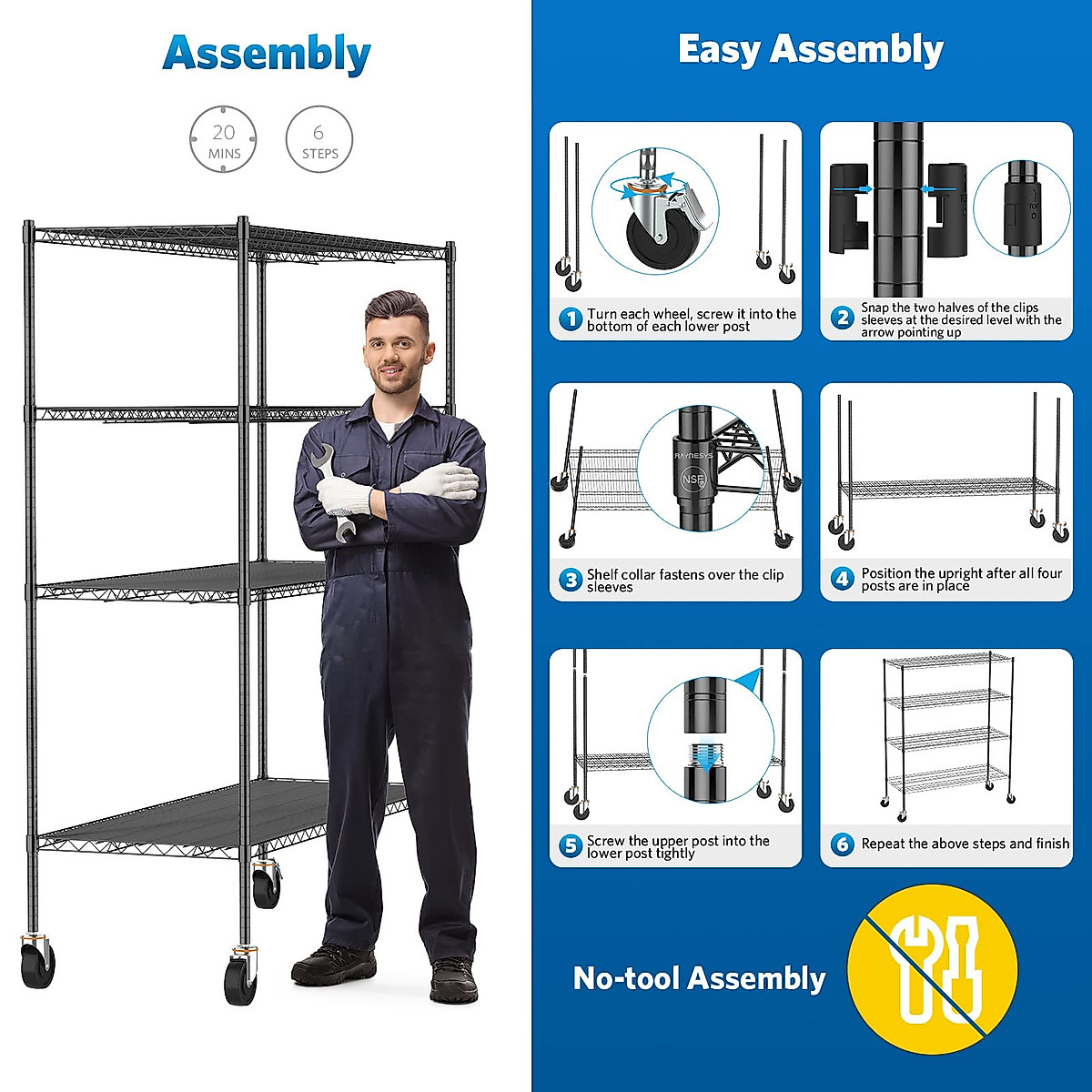 Raynesys Wire Shelving, 2000 Lbs Heavy Duty 60x24x72 Inch Shelving Metal Shelves with 4" Wheels, 4-Tier NSF Steel Wire Storage Shelf Commercial Grade Adjustable Utility Rack for Garage Kitchen, Black