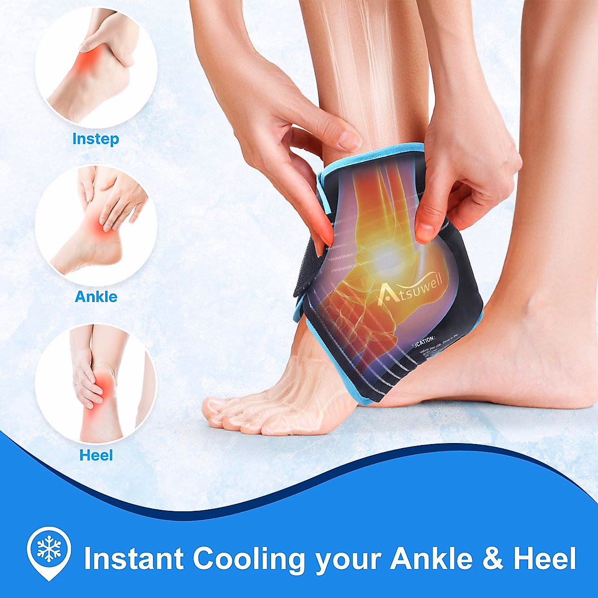 Atsuwell Ankle Ice Pack Wrap 2 Packs, Ankle Ice Wraps Flexible Gel Cold Pack for Foot Ankle Heel, Cold Compress Therapy for Soothing Discomfort, Black