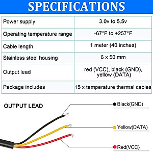 Weewooday DS18B20 1 m/ 3.2 Ft Digital Temperature Thermal Cable Waterproof Probe Sensor -55°C to +125°C, Compatible with Arduino/Raspberry Pi(15 Pieces)