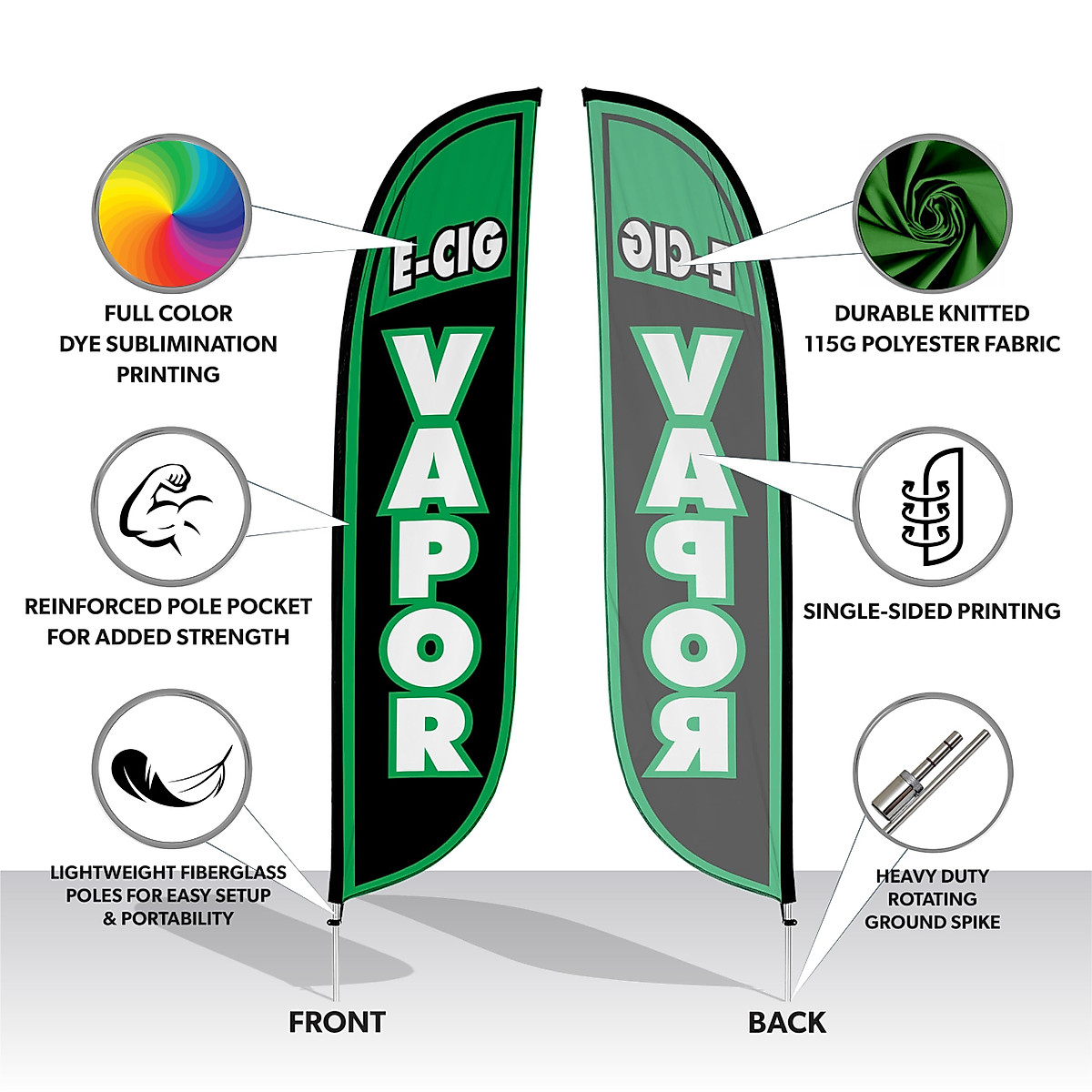 LookOurWay Feather Flag Pole Kit - 12 Feet Tall Advertising Flag Banner with Fiberglass Pole Kit and Rotating Ground Spike for Business Promotion - Smoke Vape Shop Theme - E-Cig Vapor 10M1200070