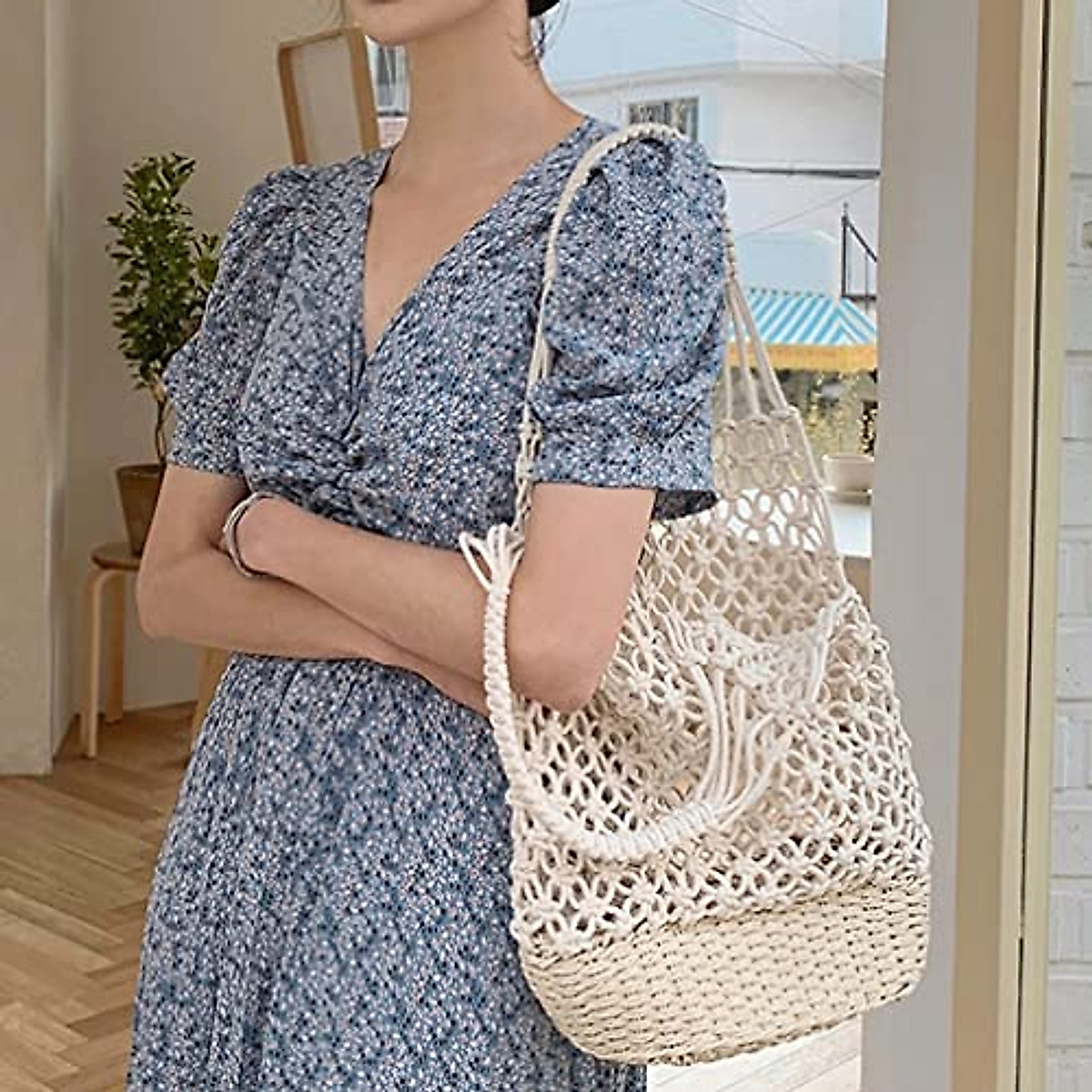 NIBD Women's Beach Straw Handbag Woven Tote Fishing Net Beach Bag Large Capacity Mesh Rope Combination Handbag (A)
