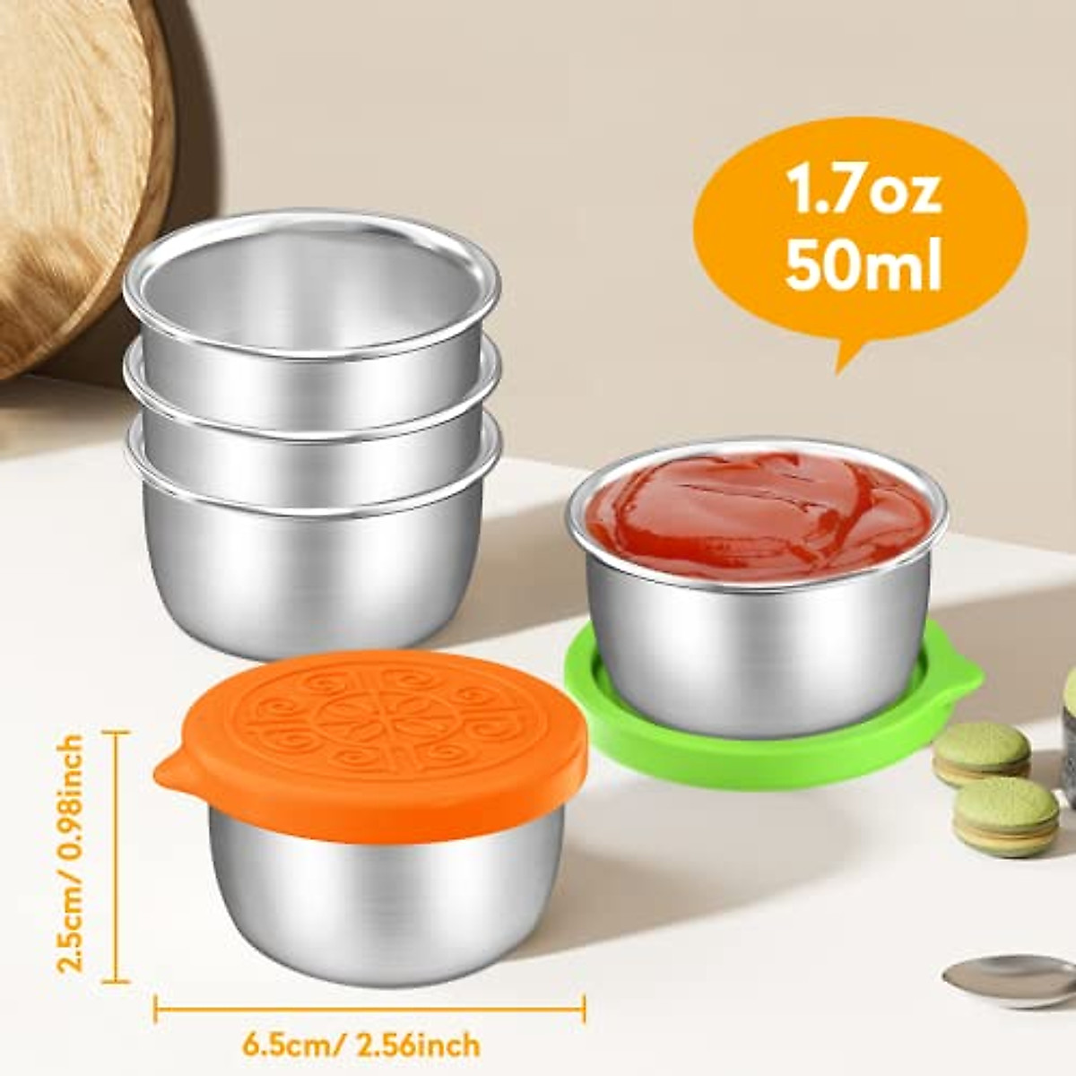Stainless Steel Condiment Containers with Lids, 4 x1.7 oz Salad Dressing Container To Go, Leakproof Reusable Sauce Container with Silicone Lids, Small Dipping Sauce Cups for Lunch Box Picnic Travel