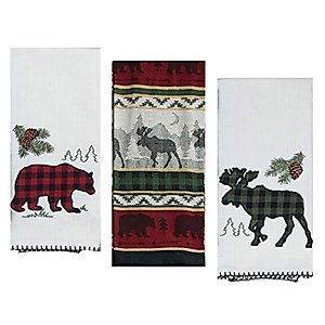 3 Cabin Lodge Themed Decorative Cotton Kitchen Towels Set with Bear and Moose Print | 2 Applique Tea Towels and 1 Jacquard Tea Towel for Dish and Hand Drying | by Kay Dee Designs