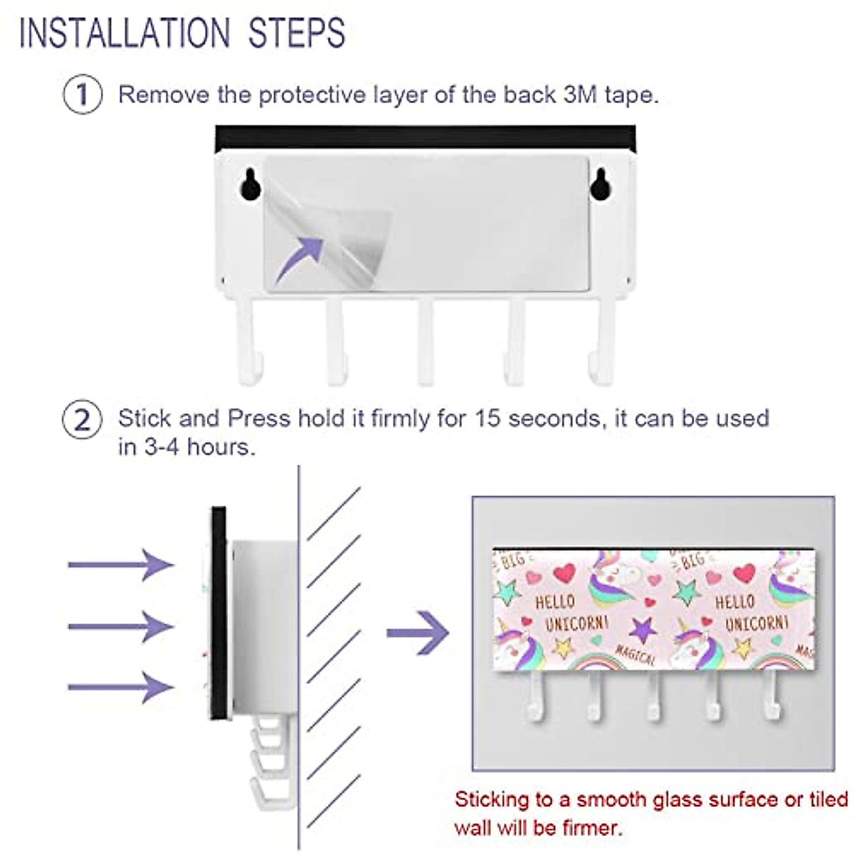 Pink Magical Unicorn Pattern Rack Organizer with 5 Hooks Wall Bathroom Kitchen Shelf Rack Multifunctional Storage Shelf