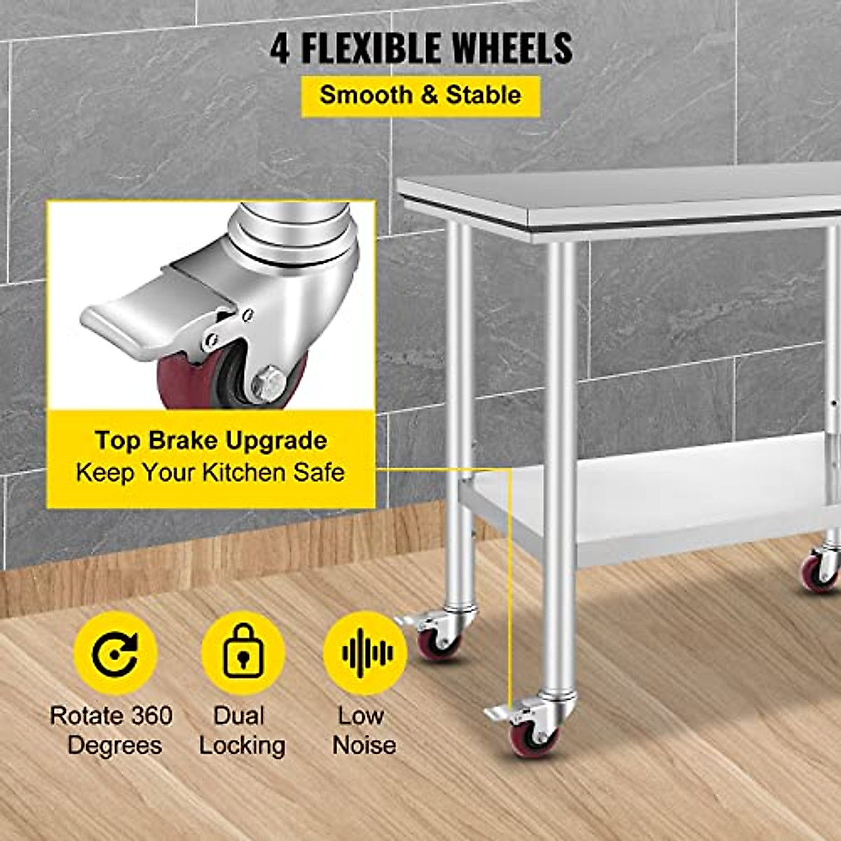 Mophorn Stainless Steel Work Table 36x24 Inch with 4 Wheels Commercial Food Prep Worktable with Casters Heavy Duty Work Table for Commercial Kitchen Restaurant