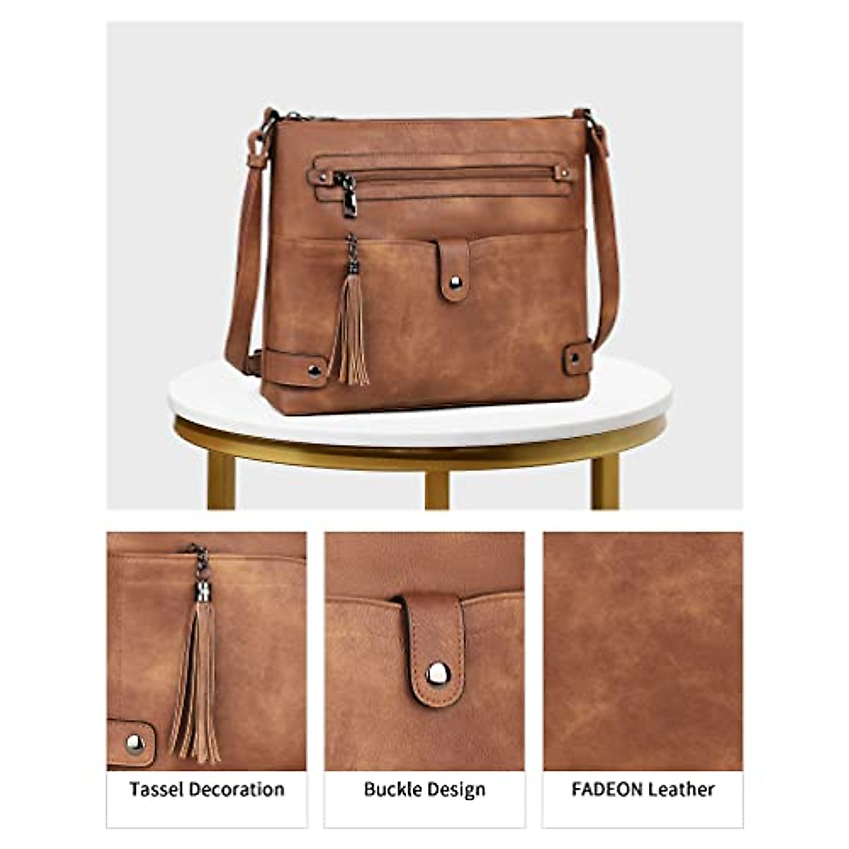 FADEON Large Crossbody Bags for Women Crossbody Purses Ladies Designer lightweight PU Leather Shoulder Bag with Tassel