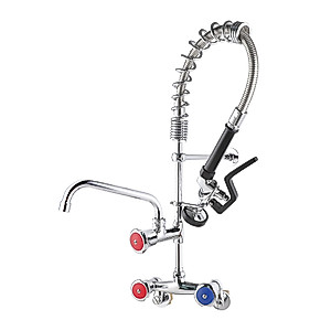 MaxSen Wall Mount Faucet 4 inch to 8 Inch Adjustable Center 25" Height Brass Commercial Kitchen Sink Faucet with Sprayer Pre-Rinse Faucet with 8 Inch Add on Spout Fit for Restaurant and Hotel
