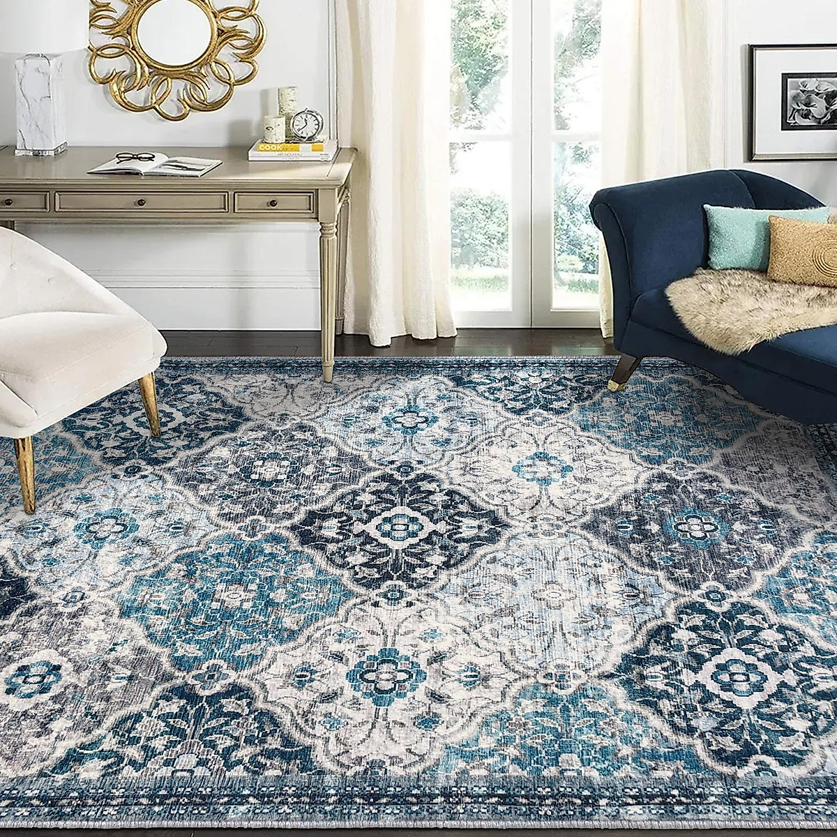 KILOCOCO 5x7 Area Rug, Moroccan Washable Living Room Rug, Vintage Rug Non-Slip, Large Print Faux Wool Throw Rug Indoor Kitchen Rug for Entryway Bedroom Office Carpet, Blue/Multi