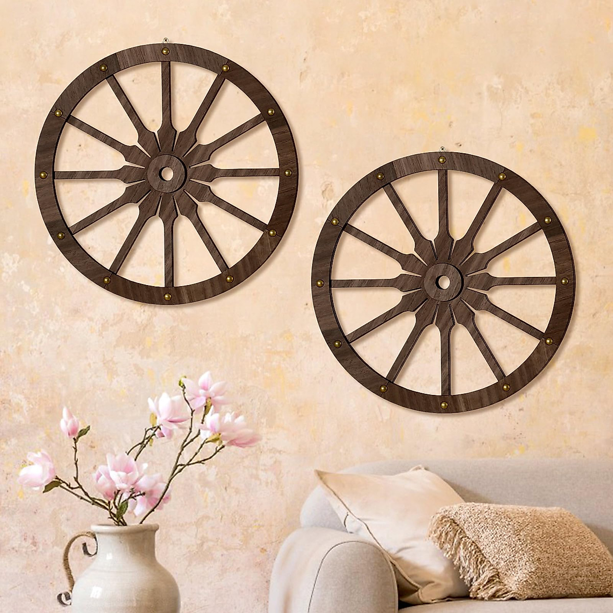2 Pcs 12 in Farmhouse Rustic Wagon Wheel Wooden Decoration Western Cowboy Style Home Decorations with Metal Hooks 3D Structure Style (Brown 3D)