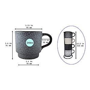 Essential Drinkware 14oz Stackable Ceramic Coffee Mugs with Metal Rack, Assorted Colors - Set of 4 Space Saving Durable Stacking Cups with Speckled Finish