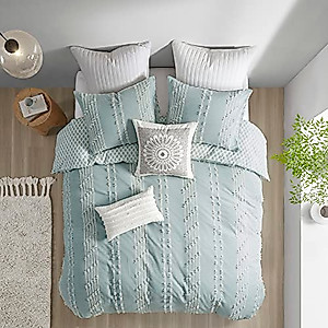 INK+IVY 100% Cotton Comforter Set Trendy Stripe Textured Design, Modern Down Alternative, All Season Cozy Bedding with Matching Shams, Full/Queen, Aqua Reversable Stripes