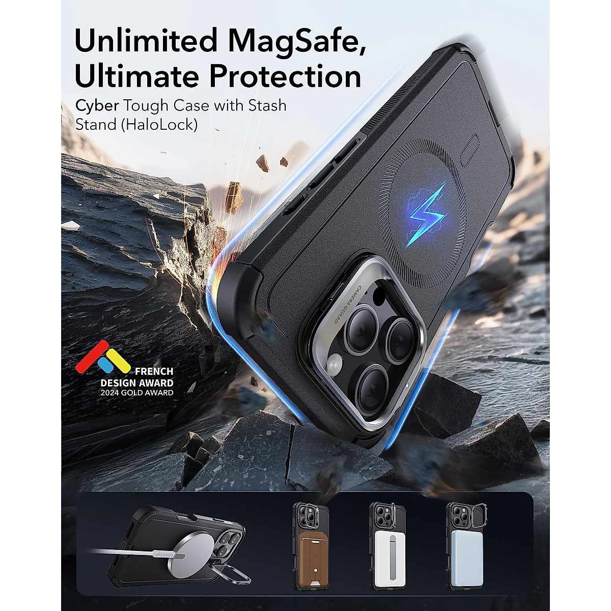 ESR for iPhone 16 Pro Max Case with Stand, 23FT Military-Grade Drop Protection, Heavy Duty Magnetic Phone Case, Compatible with MagSafe Accessories, Cyber Series, Black