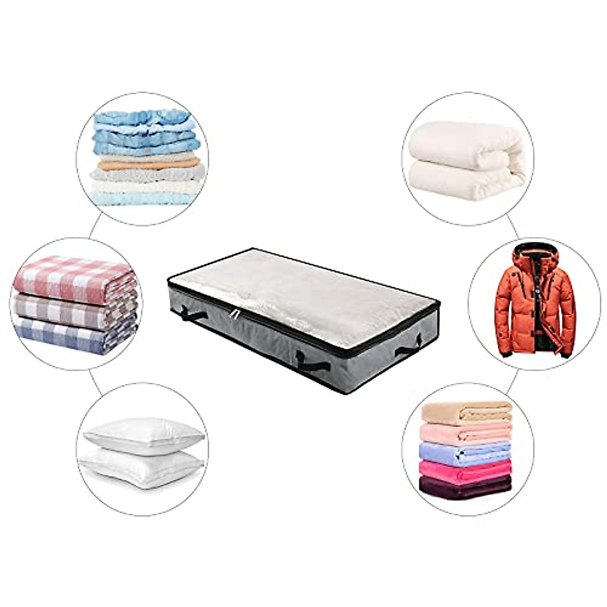 2pcs Soft Foldable Fabric Under Bed Storage Bags, Blankets Clothes Comforters Storage Organizer for Bedroom and Closet with Transparent Window, 4 Handles, Zipper, 39x20x6in, Grey