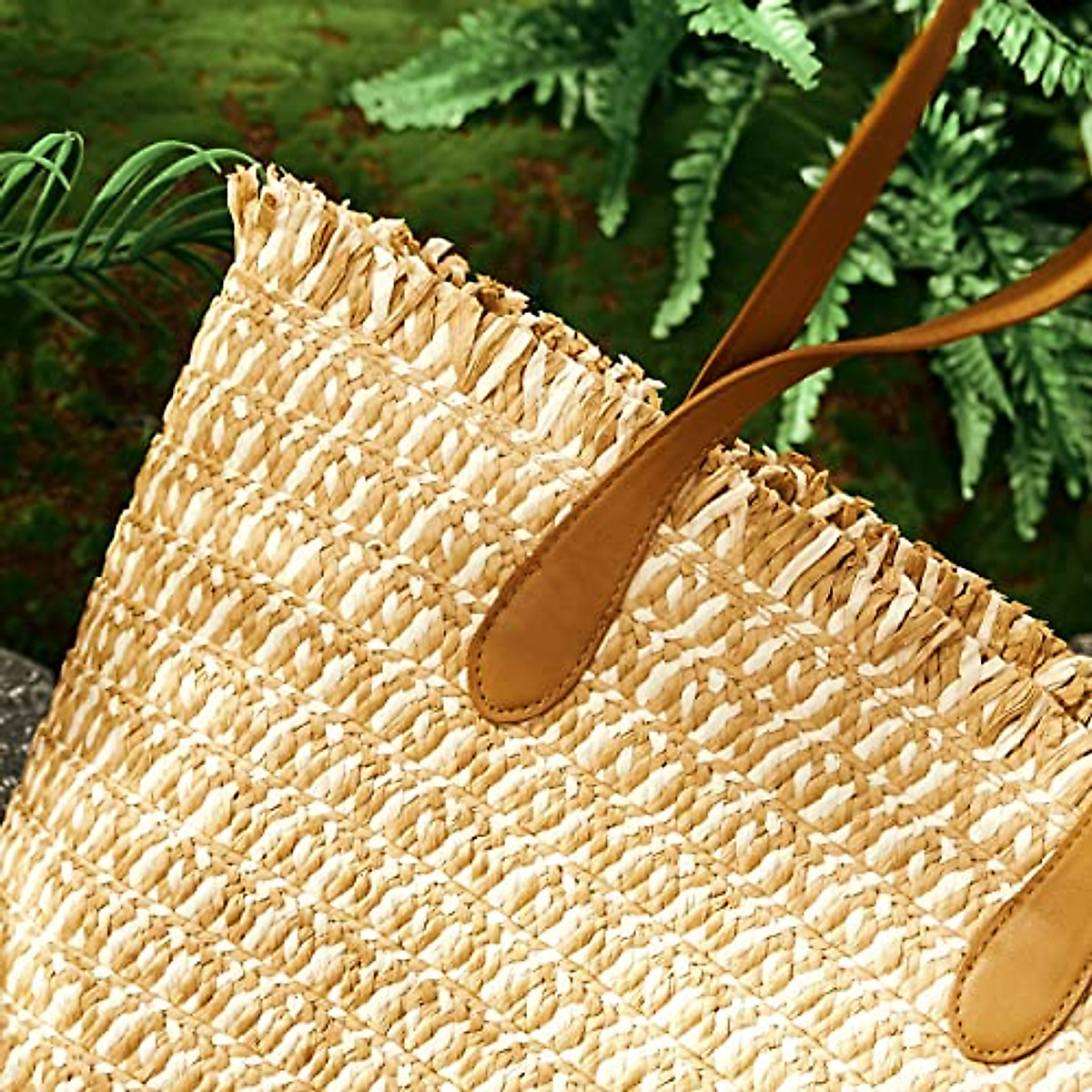 Straw tote beach shuolder handbag travel large tassels woven crossbody wicker boho Zipper lightweight shopping bags women (khaki)