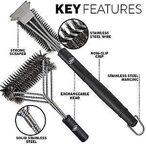 Kaluns Grill Brush for Outdoor Grill 2 Pack, BBQ Grill Brush for Grill Cleaning, Grill Scraper Set Includes Two Brush Heads and one Removable 18" Long Handle, Stainless Steel Durable Wire Bristles