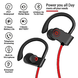 Enouke Bluetooth Headphones, Wireless Sports Earbuds IPX7 Waterproof with Mic, Stereo Sweatproof in-Ear Earphones, Noise Cancelling Headsets for Gym Running Workout, 12 Hours Playtime