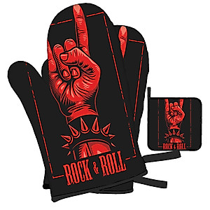 Swono Rock Oven Mitts and Pot Holders Sets,Abstract Red Hand in Rock N Roll Sign Heat Resistant 3 Pcs for Safe BBQ Cooking Baking Grilling