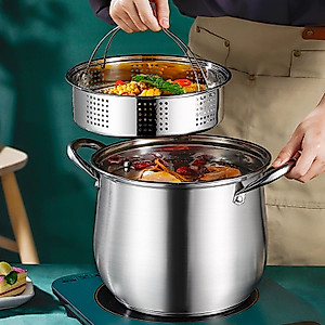 10 Quart Large Stock Pot with Steamer and Glass Lid, Stainless Steel Mirror Polished Stockpot Soup Pot for Cooking, Silver, Dishwasher Safe