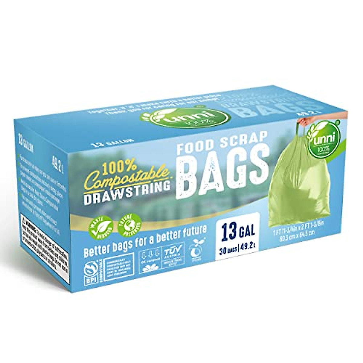 UNNI 100% Compostable Drawstring Bags, 13 Gallon, 49.2 Liter, 30 Count, Heavy Duty 1 Mils, Tall Kitchen Food Scrap Waste Bags, ASTM D6400, EN 13432, US BPI & OK Compost Home Certified, San Francisco